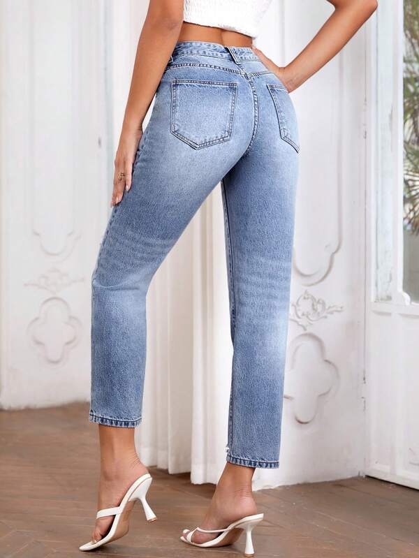 Shein Essnce High Waist Ripped Mom Fit Jeans Shein Usa
