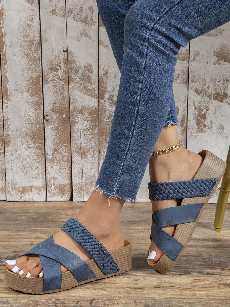 Vacation Sandals For Women Braided Detail Wedge Slide Sandals Shein Usa