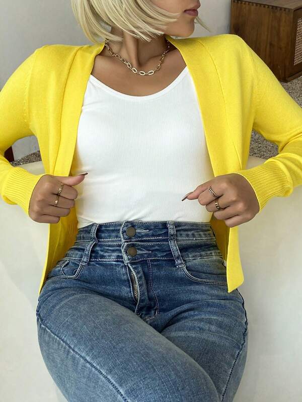 AAmilife Solid Open Front Cardigan Without Cami Top | SHEIN