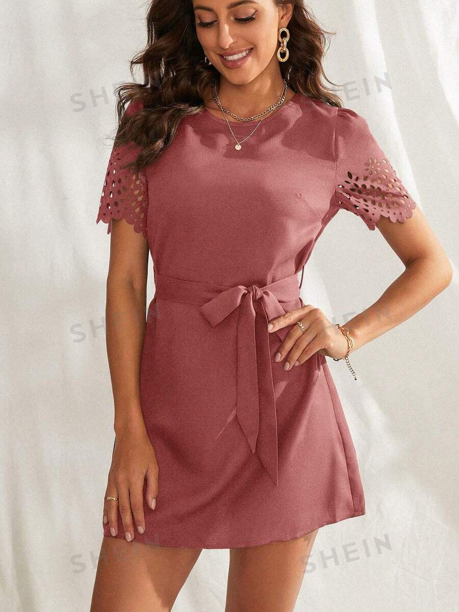 SHEIN Clasi Laser Cut Out Belted Dress | SHEIN UK