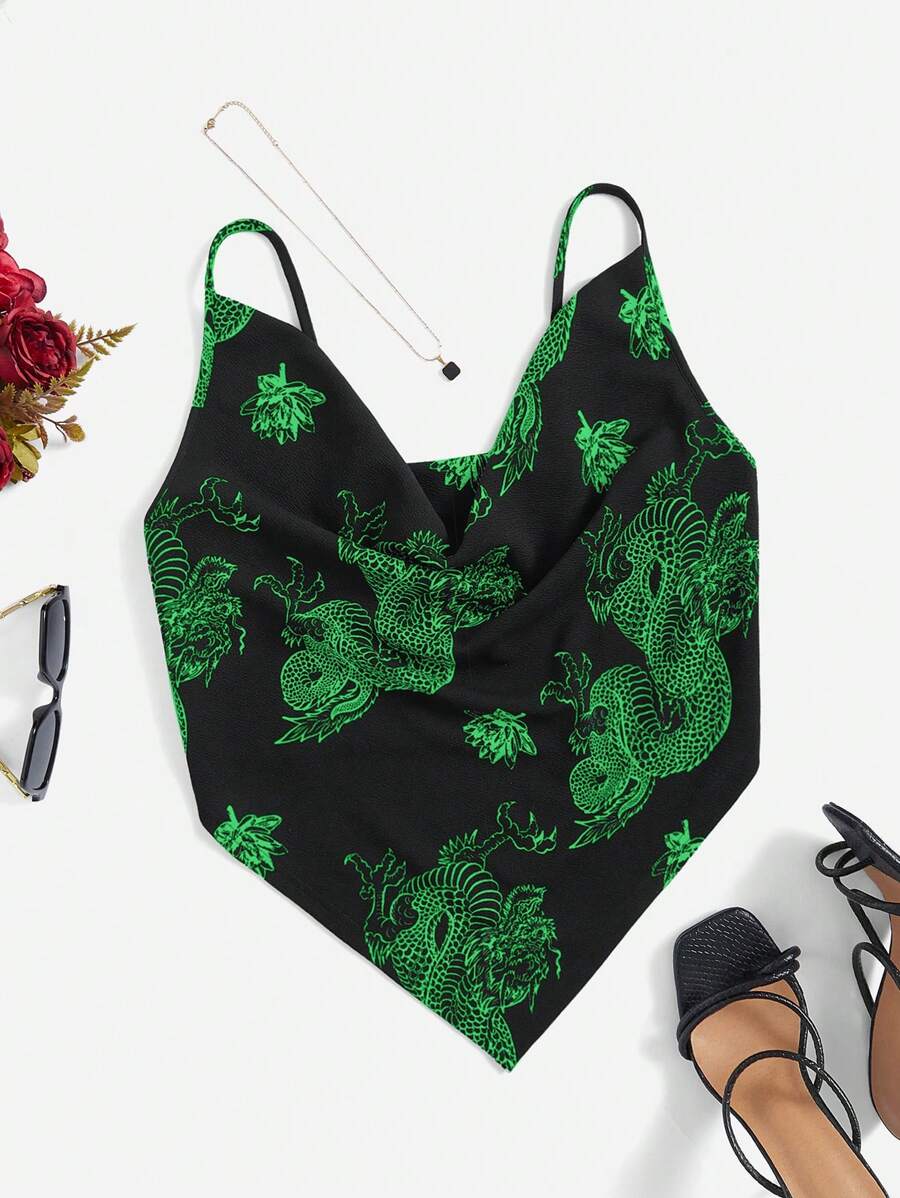 SHEIN EZwear Plus Chinese Dragon Print Draped Collar Hanky Hem Cami Top ...