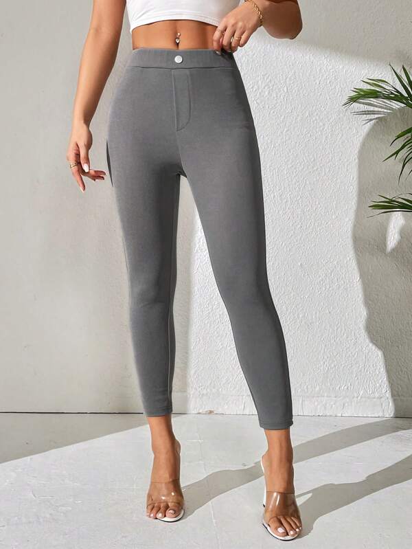 SHEIN PETITE Solid Button Detail Skinny Trousers | SHEIN UK