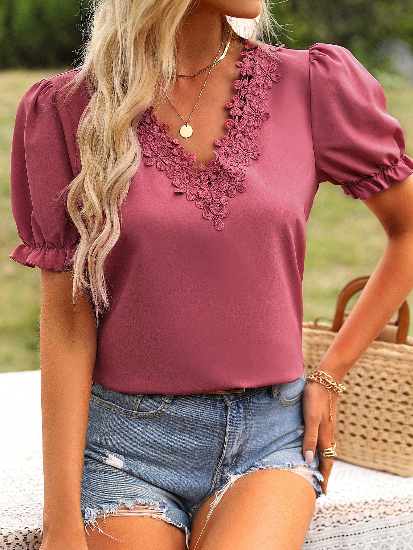 Guipure Lace Trim Puff Sleeve Blouse Shein Uk