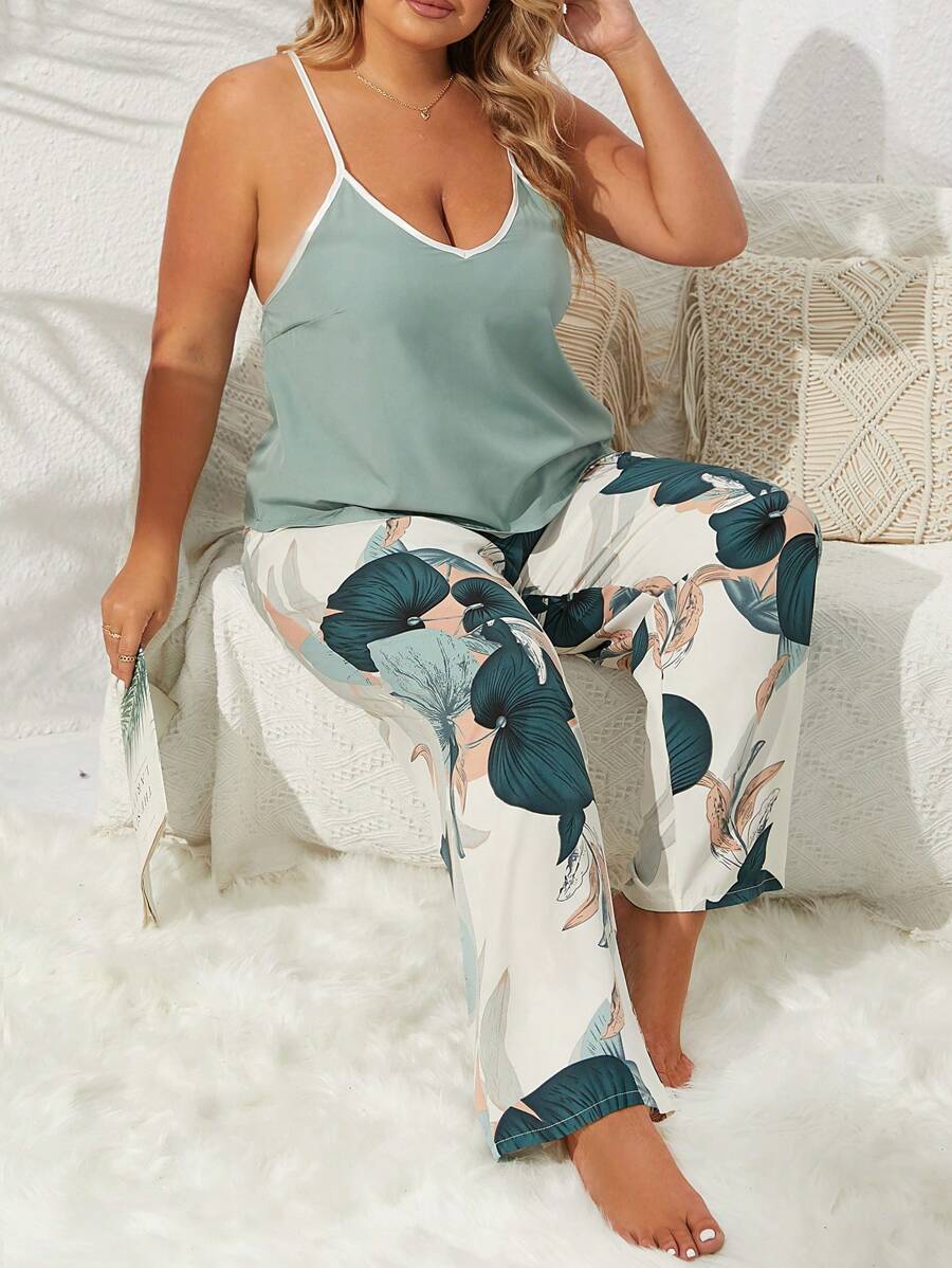 Plus Tropical Print Contrast Binding PJ Set | SHEIN USA