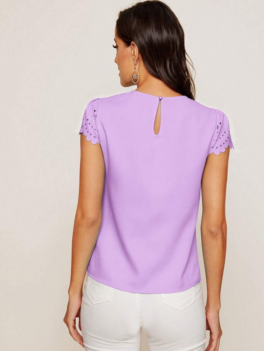 Shein Clasi Scallop Trim Laser Cut Sleeve Pleated Detail Top Shein Usa