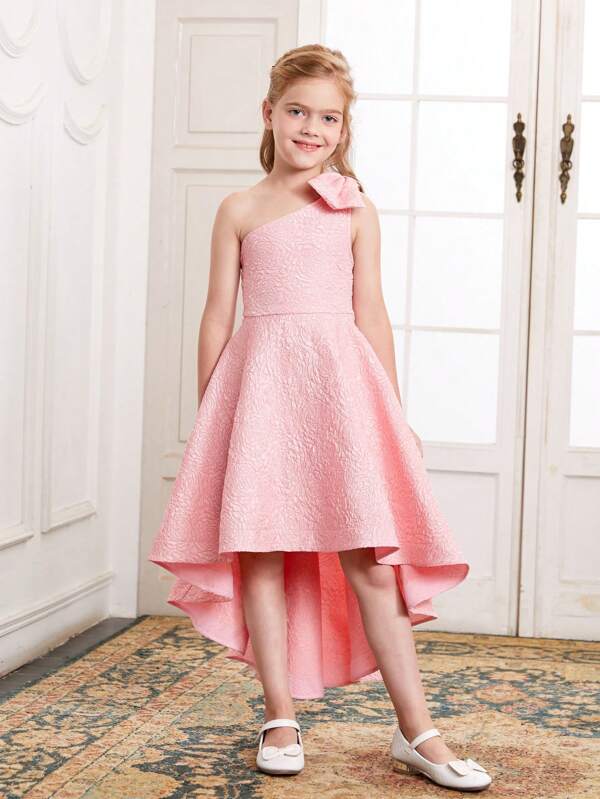 SHEIN Kids CHARMNG Girls Bow Detail One Shoulder High Low Hem Jacquard ...