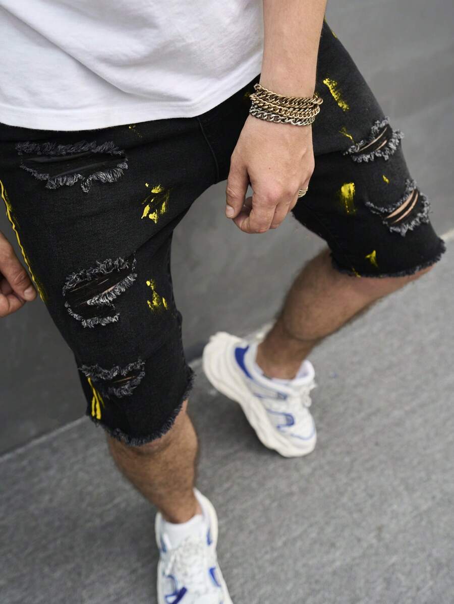 Manfinity Legnd Men Cotton Splash Ink Print Ripped Frayed Raw Trim