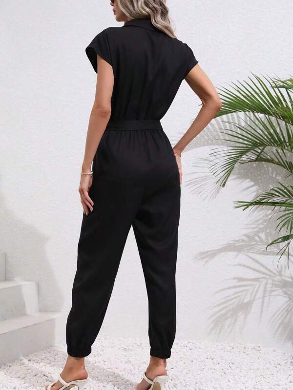 SHEIN LUNE Solid Button Front Belted Shirt Jumpsuit | SHEIN USA