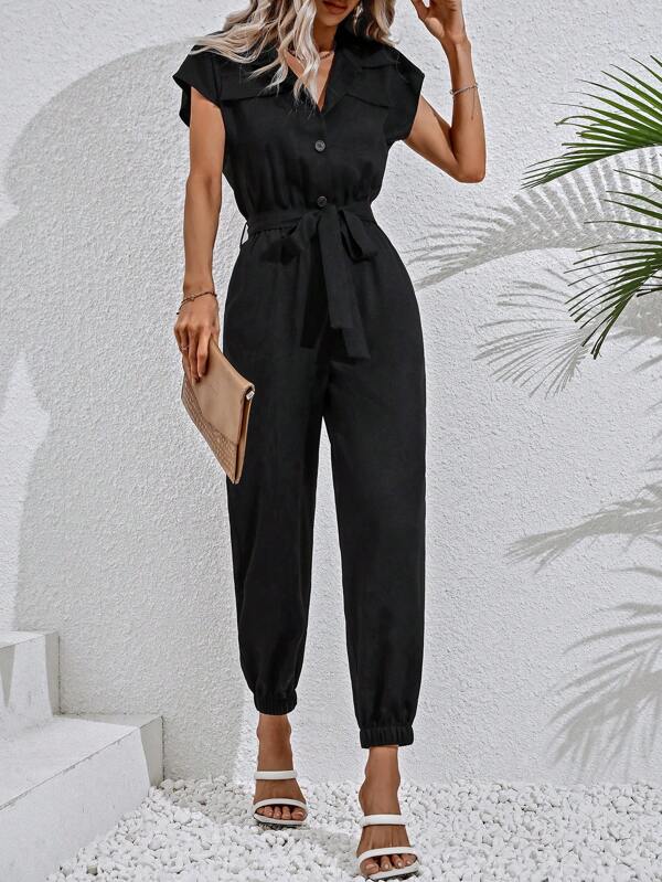 SHEIN LUNE Solid Button Front Belted Shirt Jumpsuit | SHEIN USA
