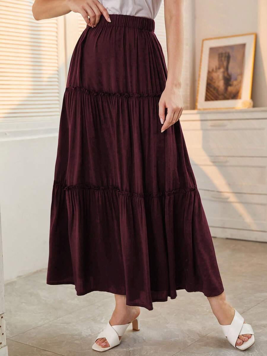 Mulvari Solid Frill Trim Ruffle Hem Skirt | SHEIN USA