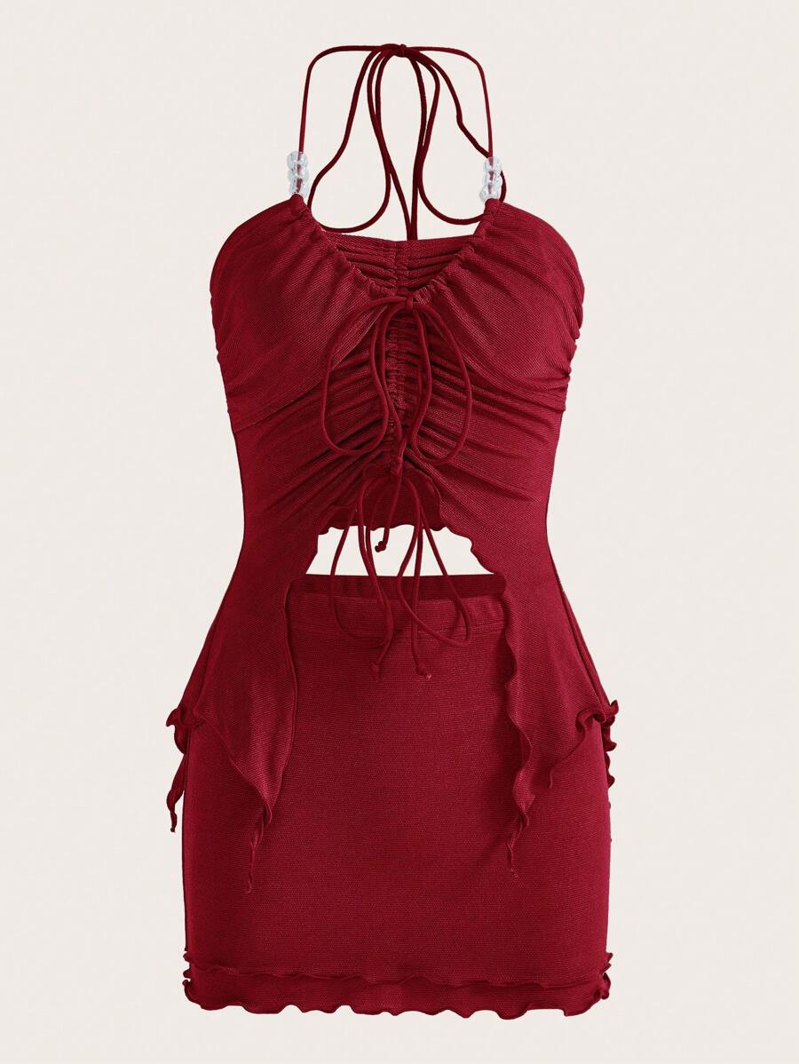 Shein Icon Drawstring Front Asymmetrical Hem Halter Top And Lettuce Trim