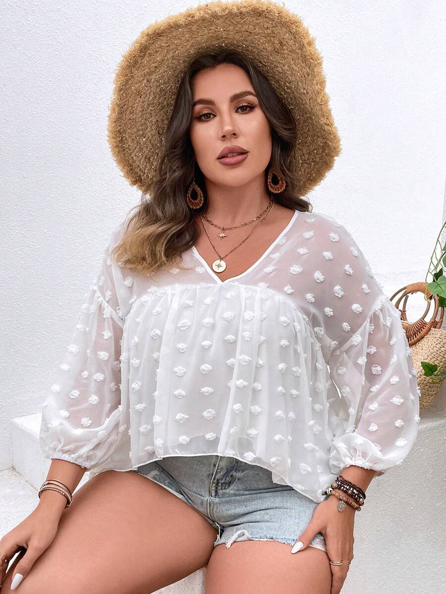 Shein Vcay Plus Swiss Dot Lantern Sleeve High Low Hem Chiffon Blouse