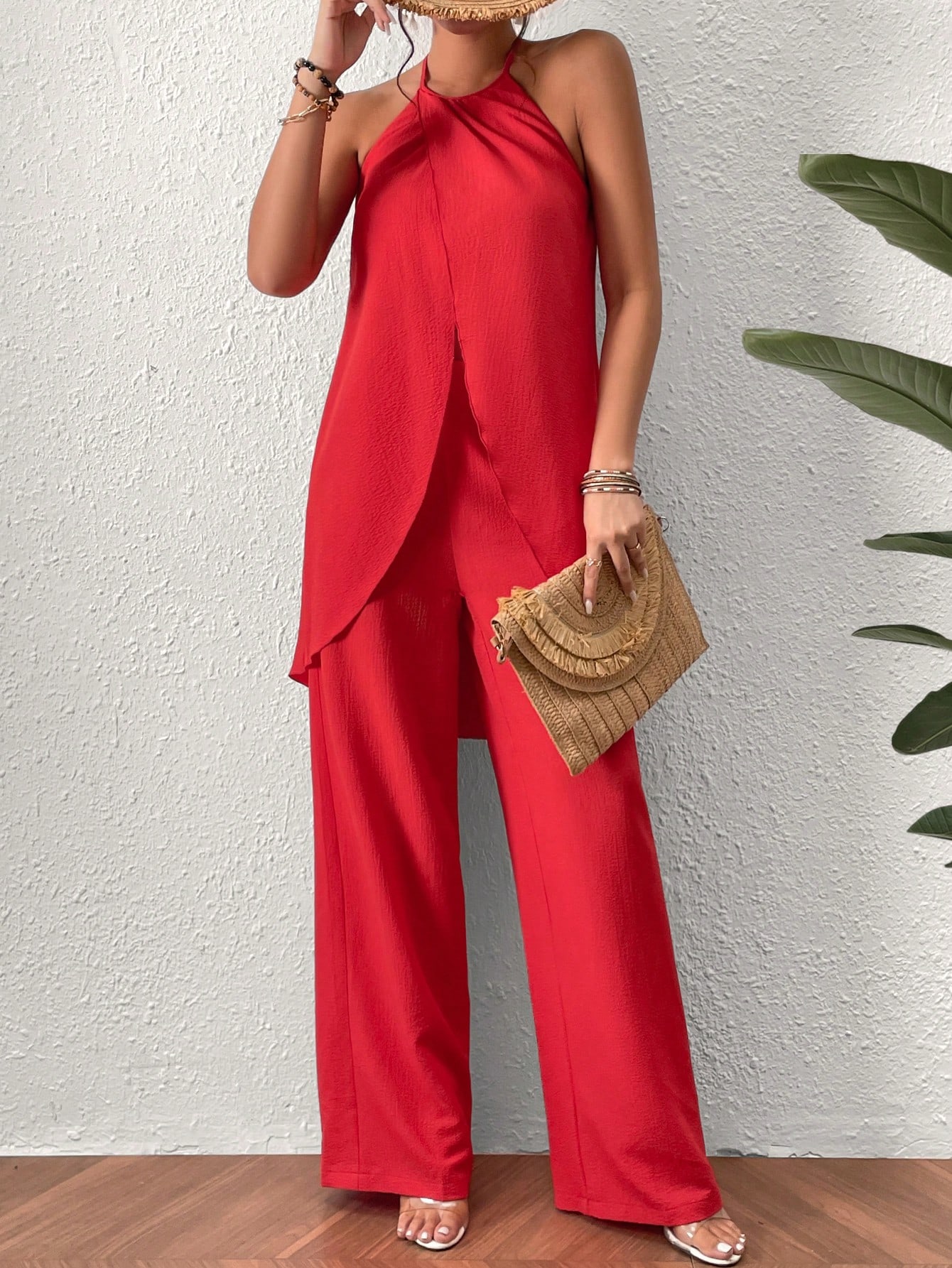 SHEIN VCAY Solid Split Front Halter Top & Wide Leg Pants | SHEIN USA