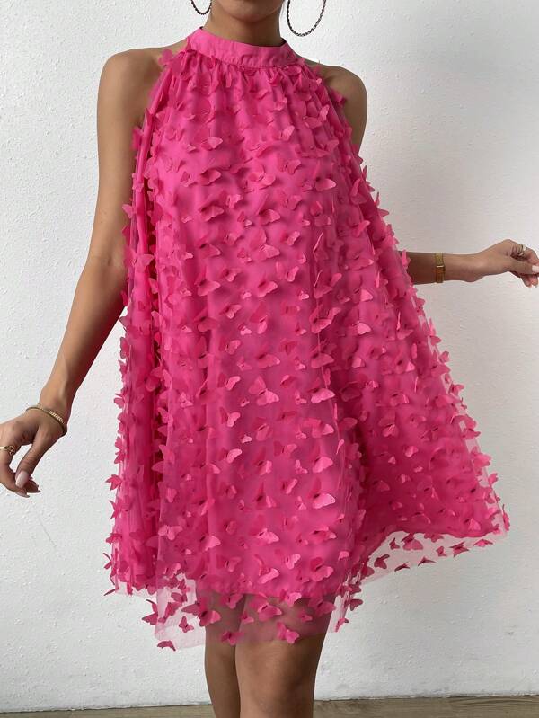 Shein Bae Butterfly Appliques Mesh Overlay Halter Neck Dress Shein Usa