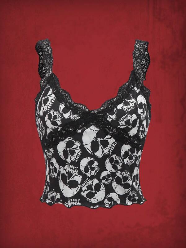 Grunge Punk Skull Print Contrast Lace Cami Top | SHEIN USA