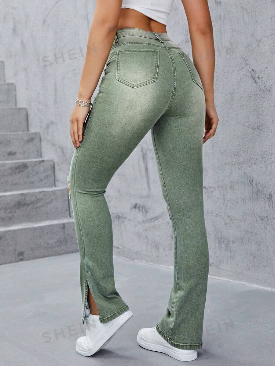 Shein Ezwear Ripped Split Hem Flare Leg Jeans Shein Usa