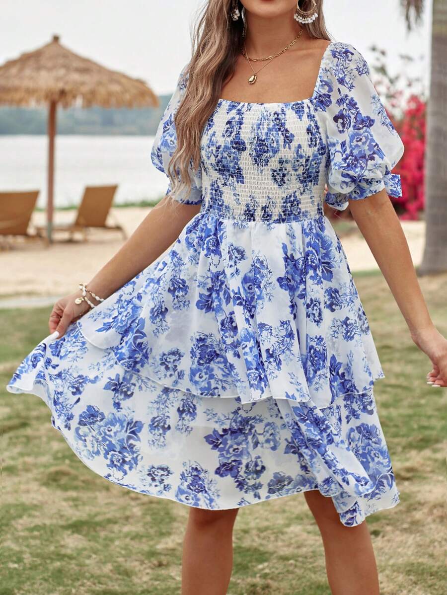 SHEIN VCAY Floral Print Square Neck Puff Sleeve Ruffle Hem Dress | SHEIN USA