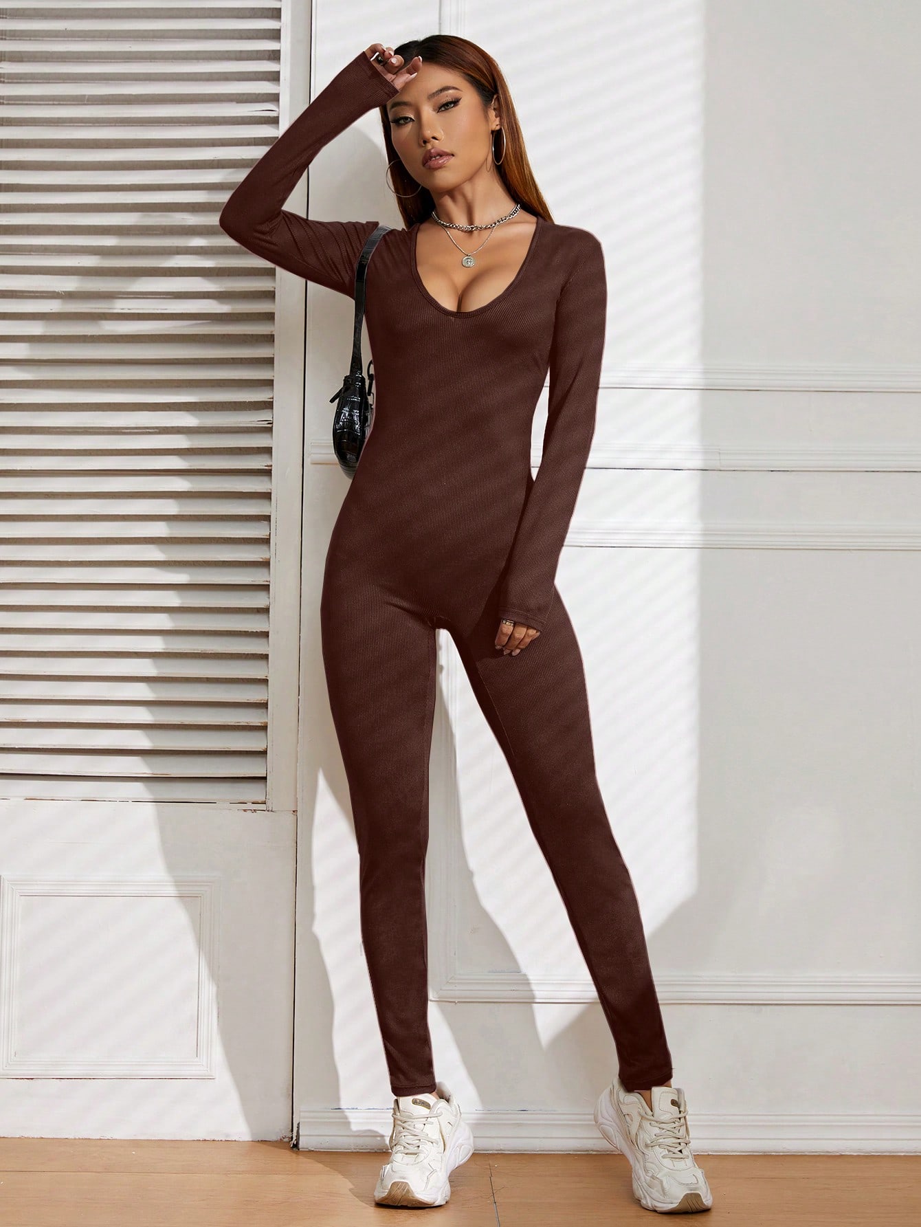 Solid V Neck Unitard Jumpsuit | SHEIN UK