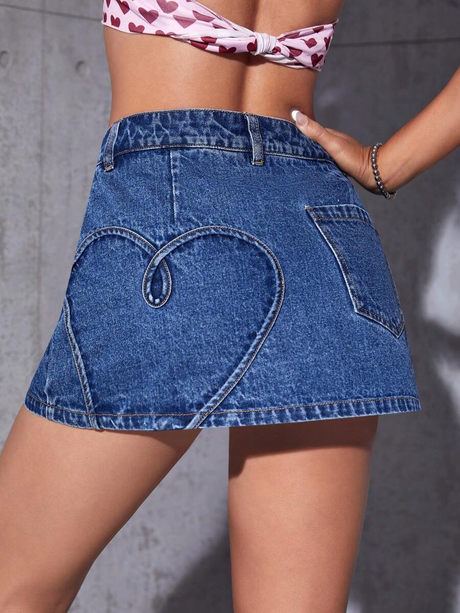 SHEIN ICON Heart Patched Denim Skort | SHEIN USA