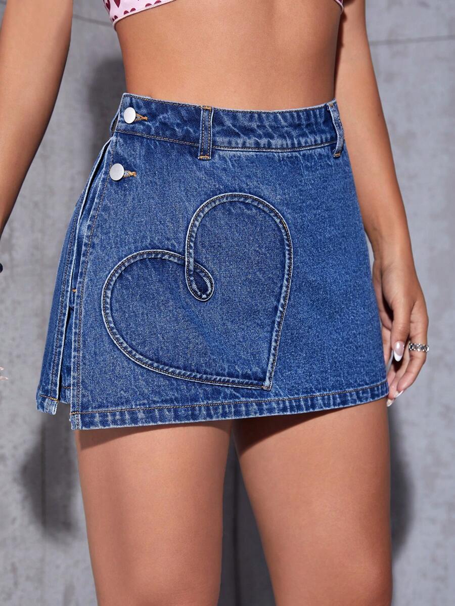 SHEIN ICON Heart Patched Denim Skort | SHEIN USA