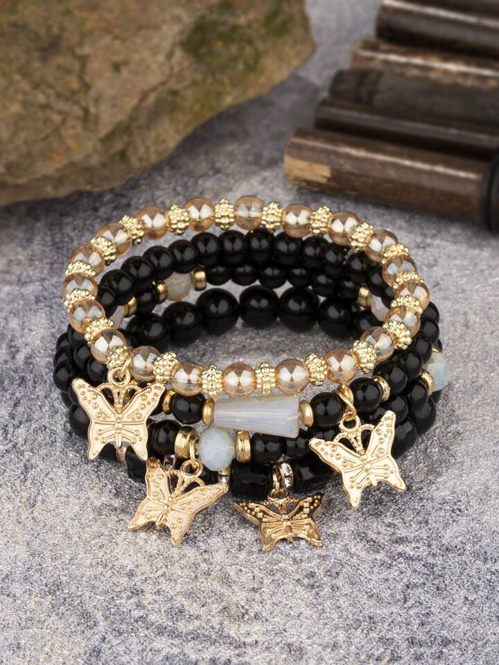 4pcs set Fashionable Butterfly Charm Beaded Bracelet For Women For Daily Decoration SHEIN USA