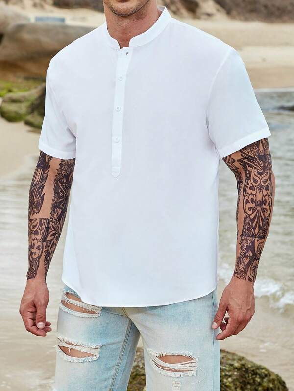 Manfinity Basics Men Solid Half Button Shirt | SHEIN USA