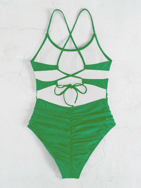 Boudoircore Solid Ruched Lace Up Backless One Piece Swimsuit Shein Usa