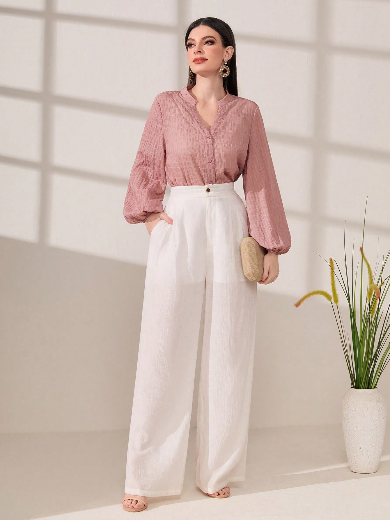 SHEIN Mulvari Solid Button Front Lantern Sleeve Blouse | SHEIN USA