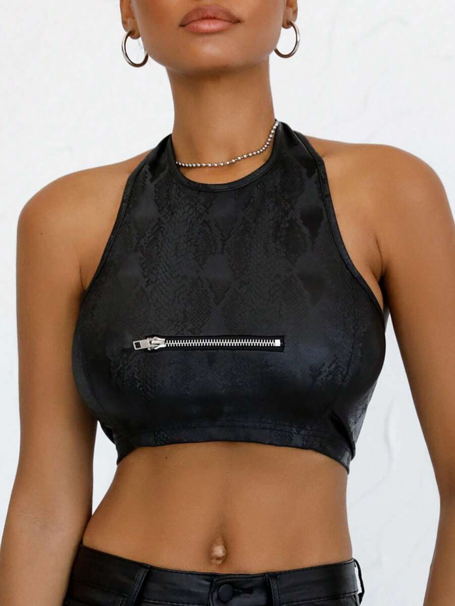 SHEIN Zip Detail Crop Halter Top | SHEIN USA