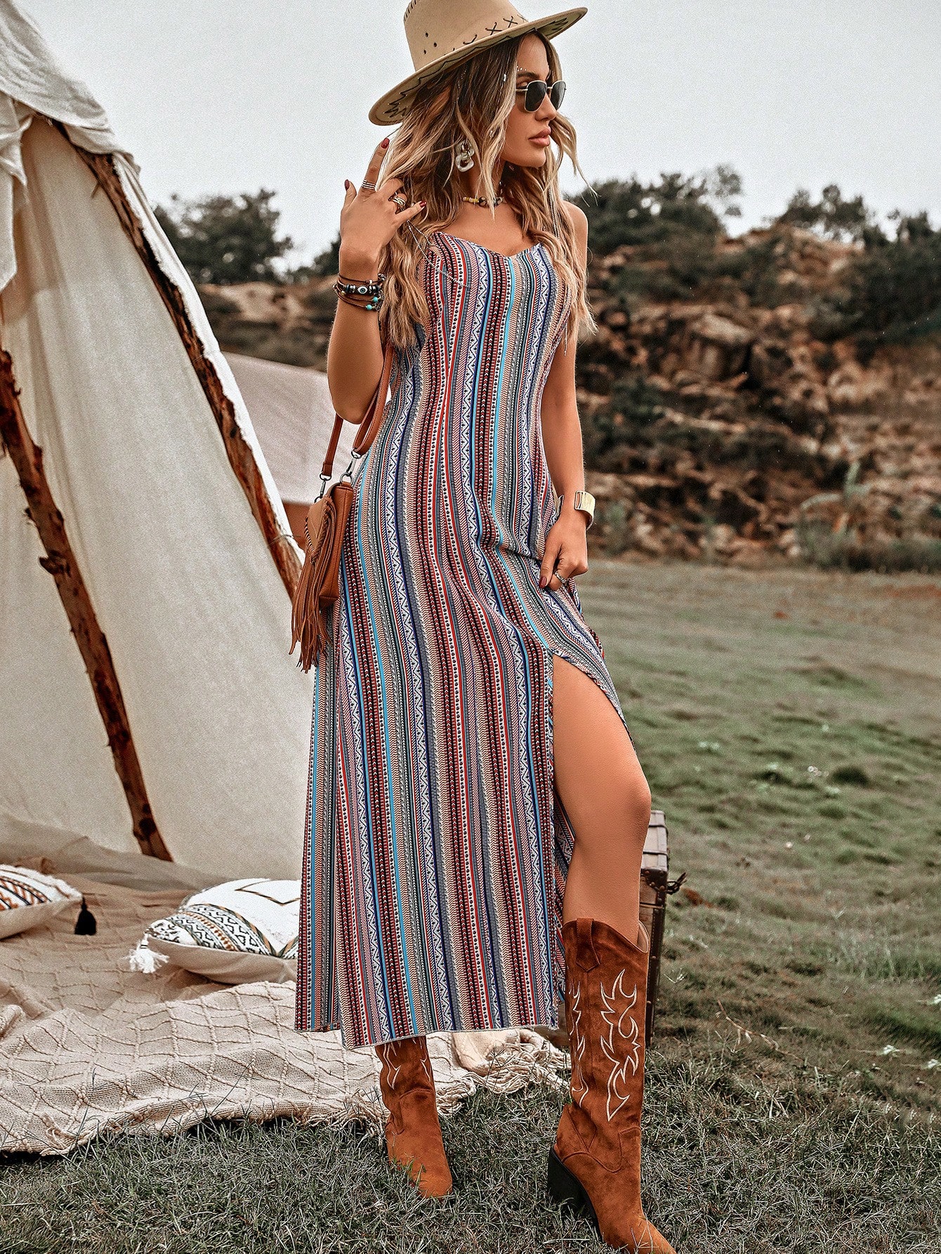 SHEIN VCAY Striped Print Split Thigh Cami Dress | SHEIN UK