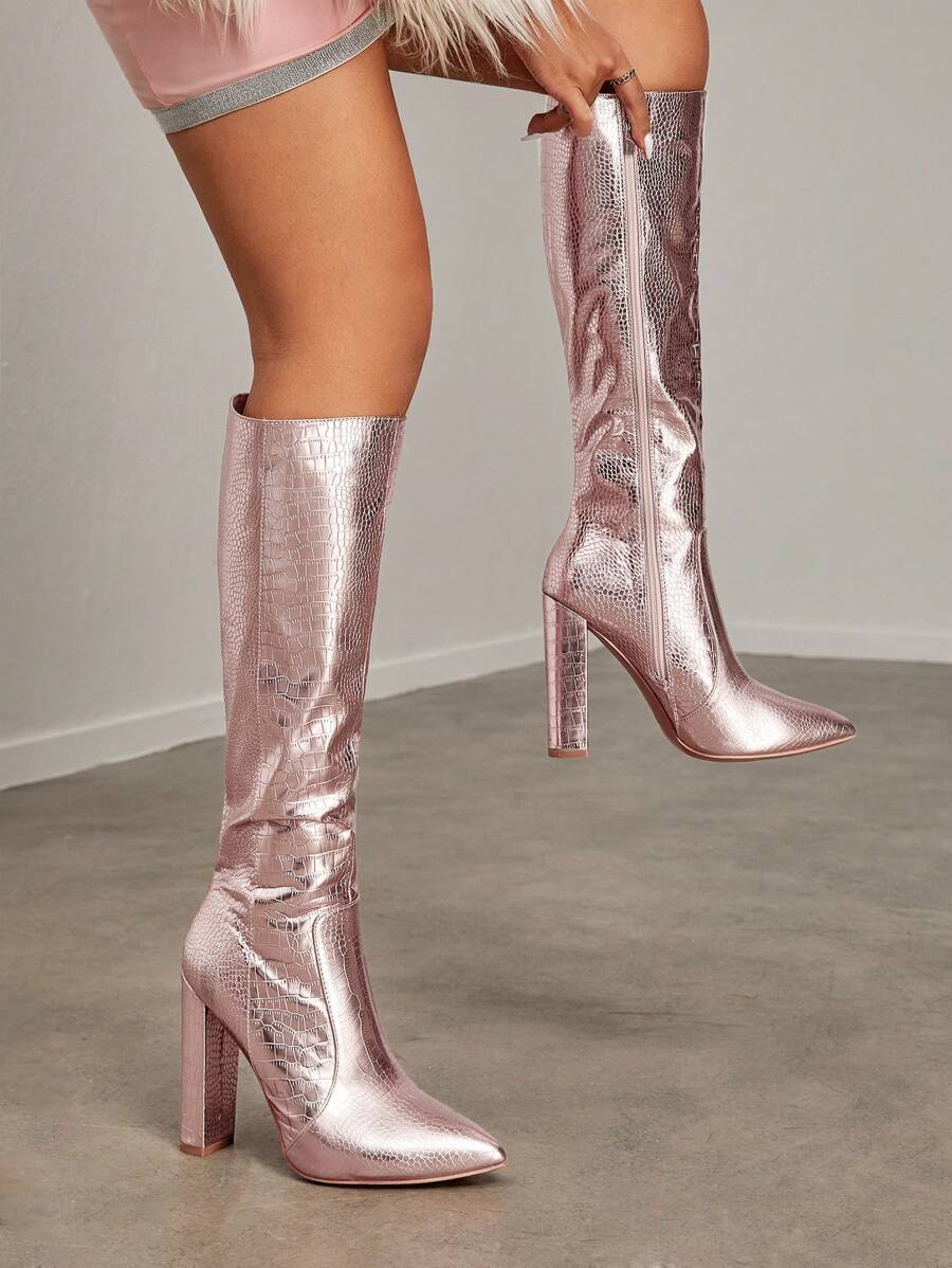 Metallic Crocodile Embossed Point Toe Chunky Heeled Classic Boots ...