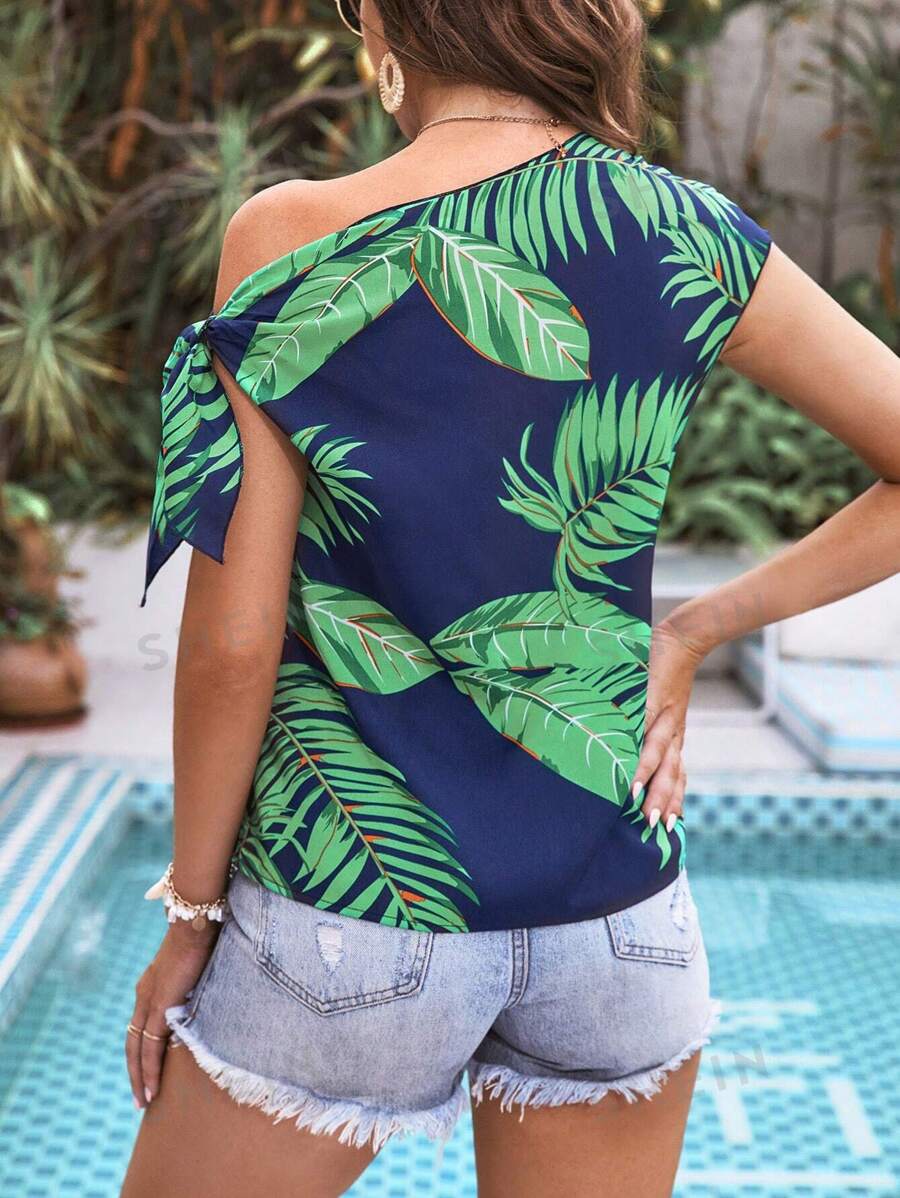 Shein Vcay Tropical Print Asymmetrical Neck Knot Side Blouse Shein