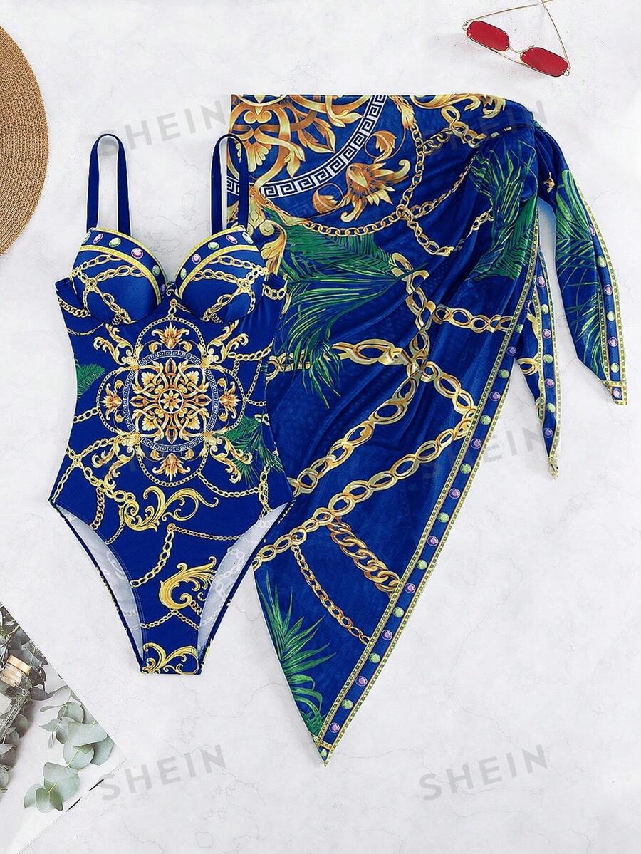 SHEIN Swim Chain Print Push Up One Piece Swimsuit With Beach Skirt | SHEIN