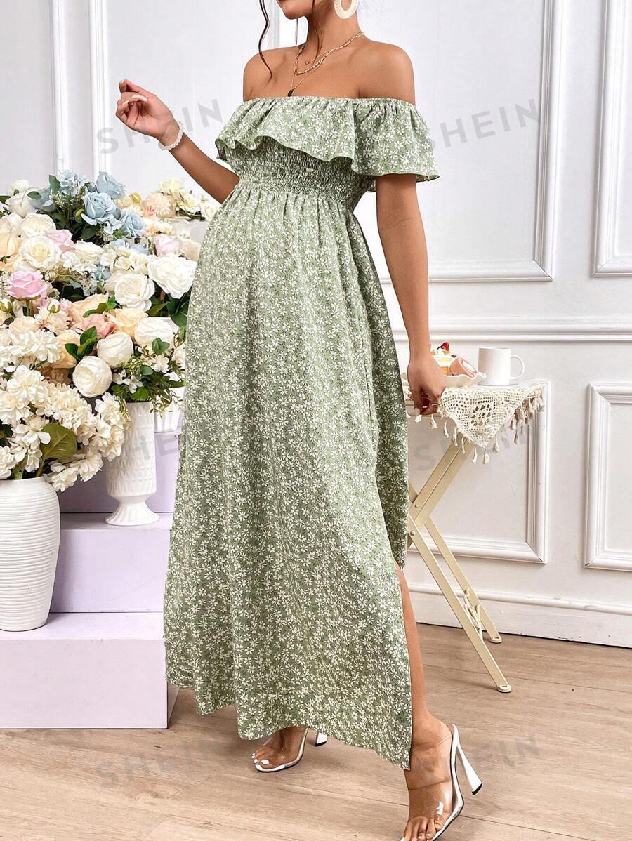 Shein Maternity Ditsy Floral Print Off Shoulder Ruffle Trim Split Thigh