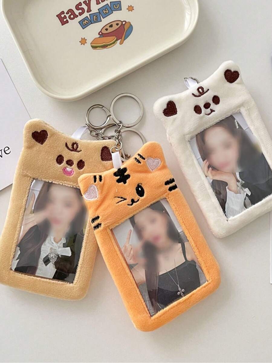 1pc Cartoon Embroidered Plush Card Cover With Key Chain, Cute Portable ...