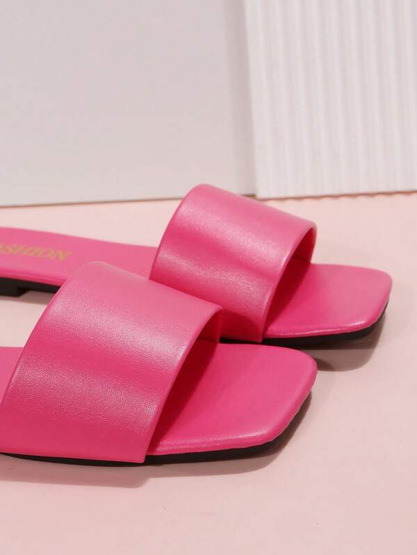Women Minimalist Single Band Flat Sandals, Funky Hot Pink Slide Sandals ...
