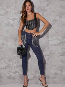 Rhinestone Fringe Skinny Jeans | SHEIN USA