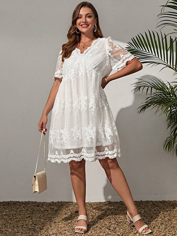 Emery Rose Plus Floral Embroidery Mesh Overlay Dress Shein Usa