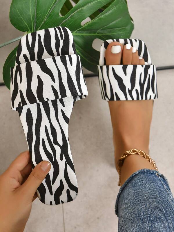 Women Zebra Striped Pattern Flat Sandals, Elegant Fabric Slide Sandals ...