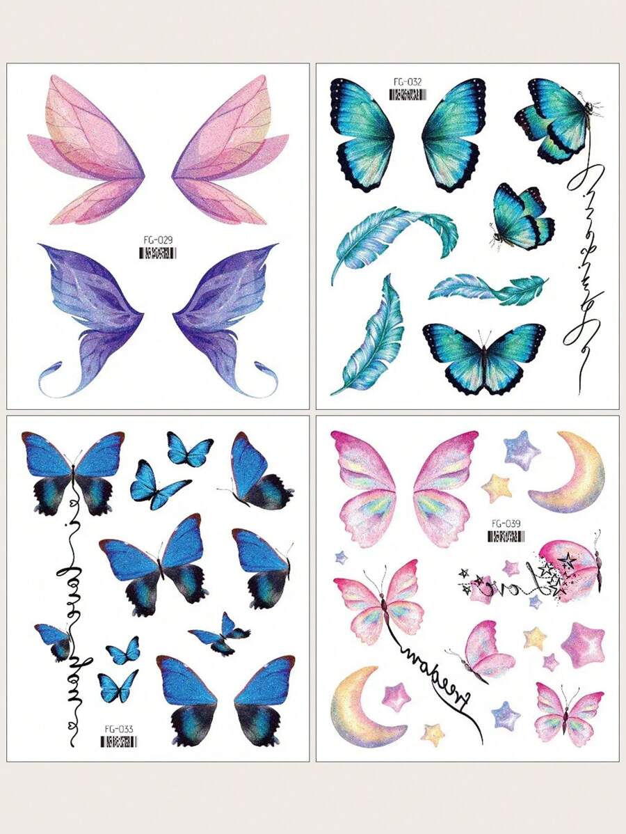 (4pcs/set) Glitter Butterfly Temporary Tattoo Stickers With Waterproof ...