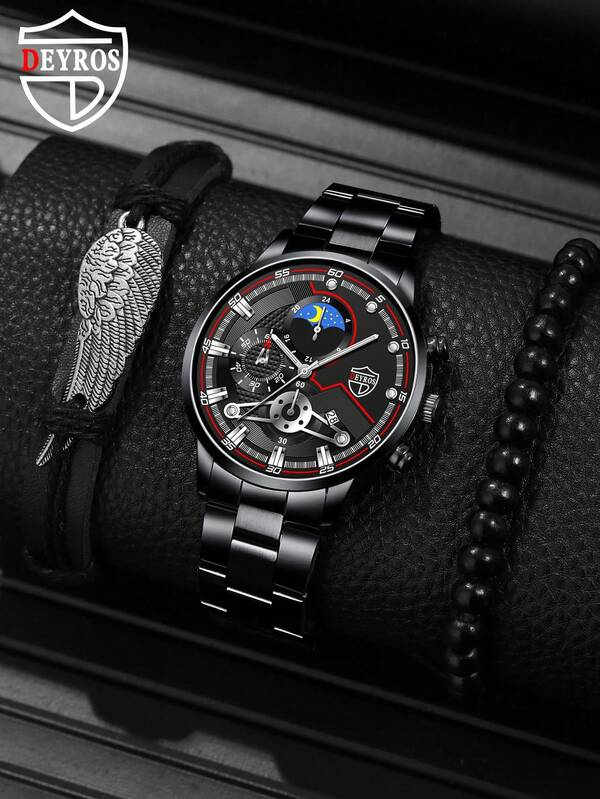 DEYROS 1pc Men Black Stainless Steel Strap Business Date Round Dial ...