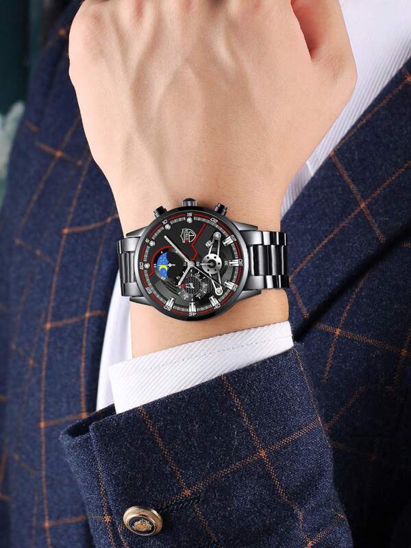 DEYROS 1pc Men Black Stainless Steel Strap Business Date Round Dial ...