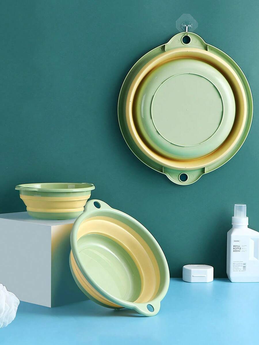 1pc Round Portable Basin, Green Plastic Foldable Wash Basin, For ...