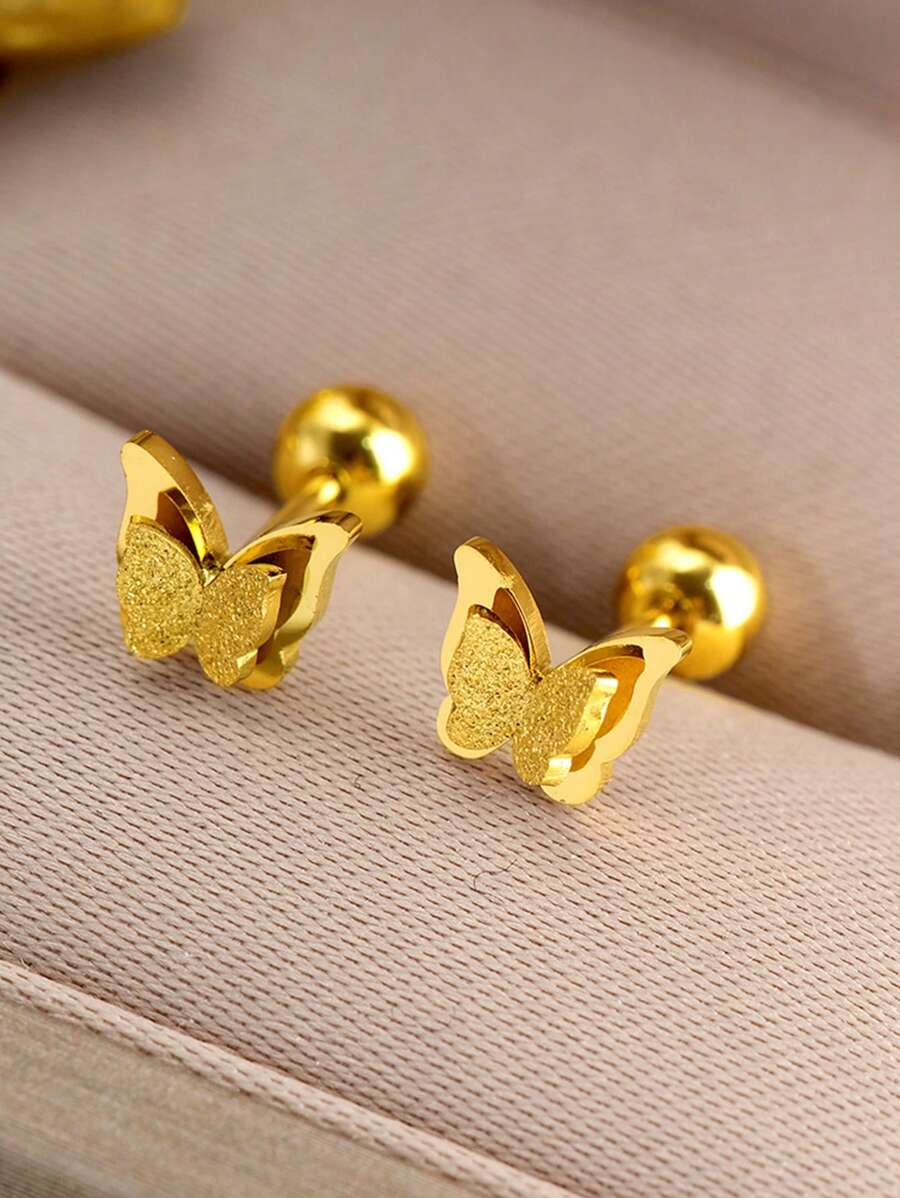 1pair Fashionable Stainless Steel Butterfly Design Stud Earrings For Women For Daily Decoration ...