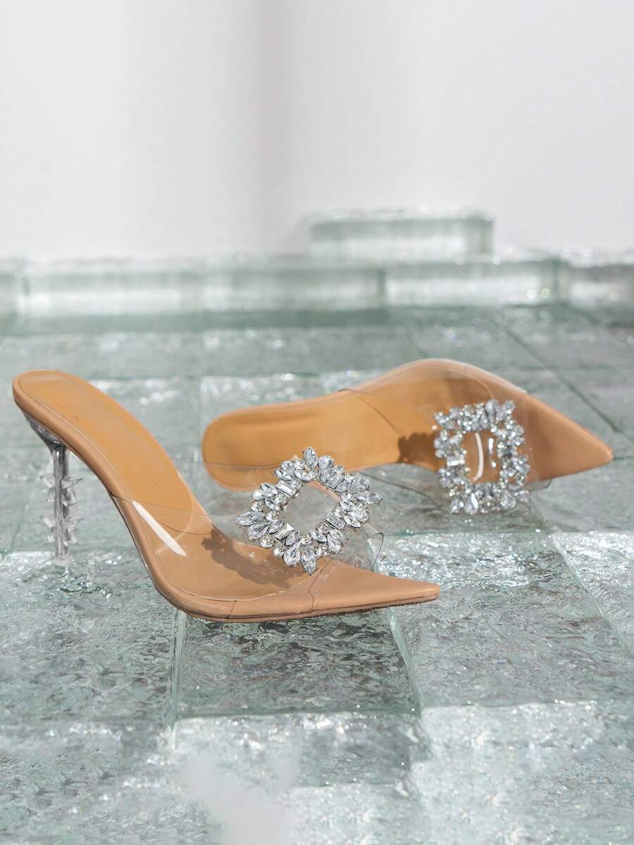 Women Rhinestone Decor Clear Strap Mule Sandals, Glamorous Outdoor PVC ...