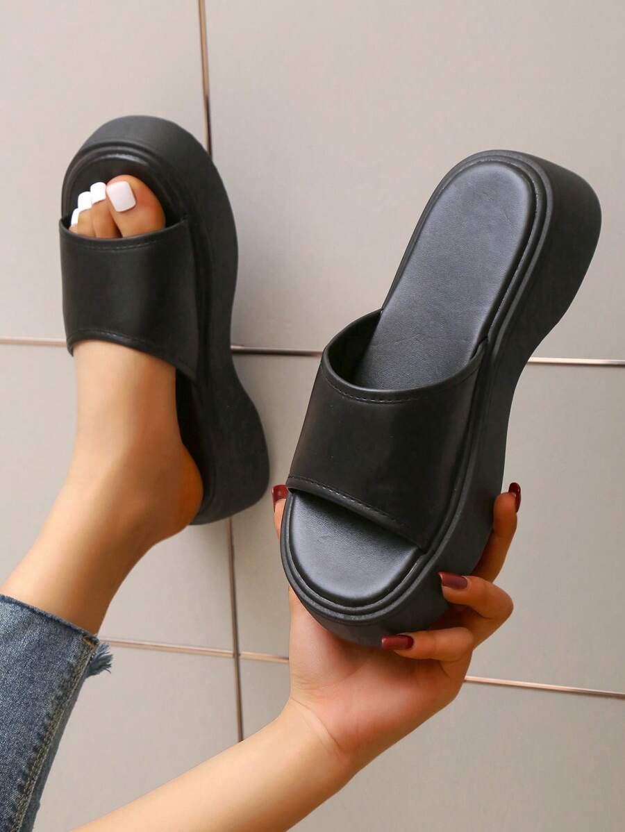 Women Single Band Sandals, Elegant Black Platform Slide Sandals | SHEIN USA