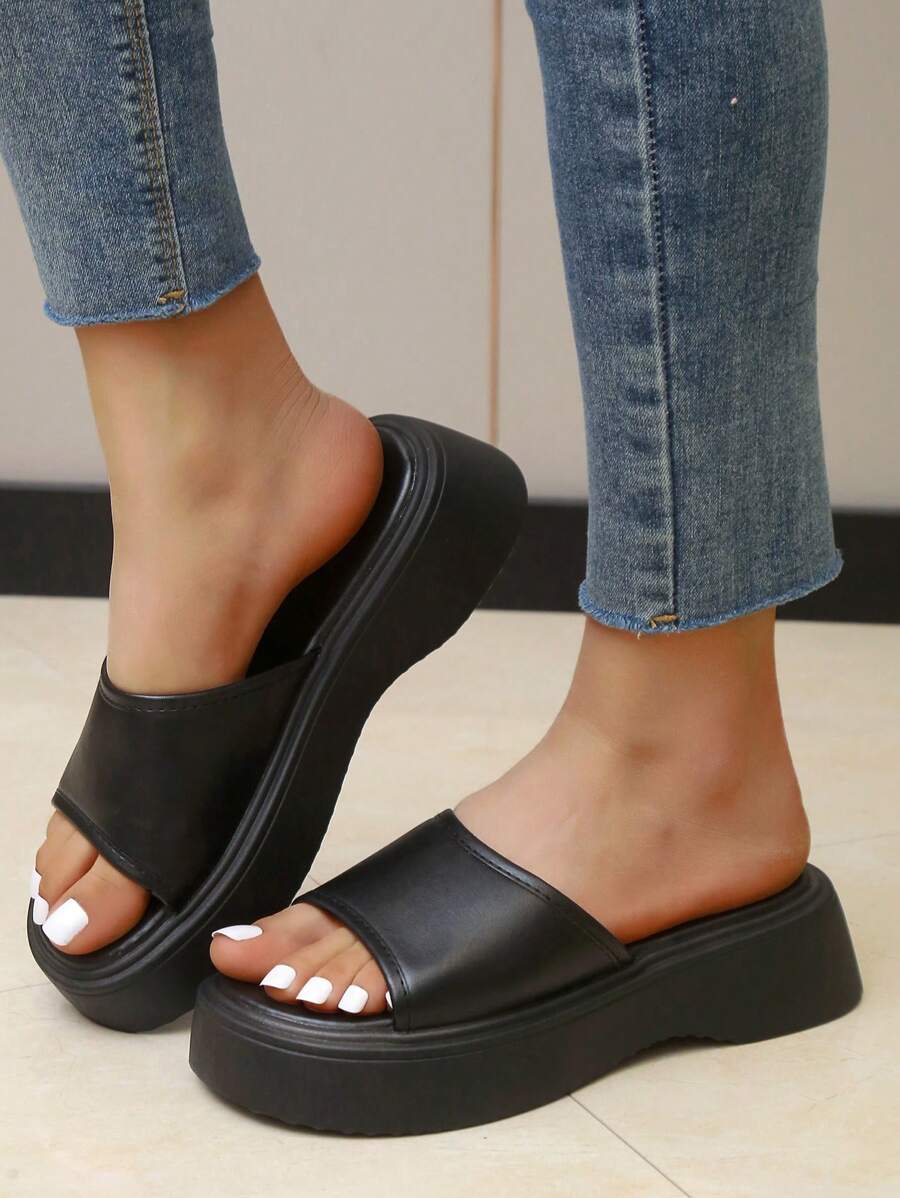 Women Single Band Sandals, Elegant Black Platform Slide Sandals | SHEIN USA
