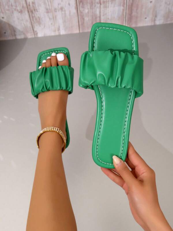 Women Single Band Ruched Design Slide Sandals, Fashionable Outdoor Flat ...