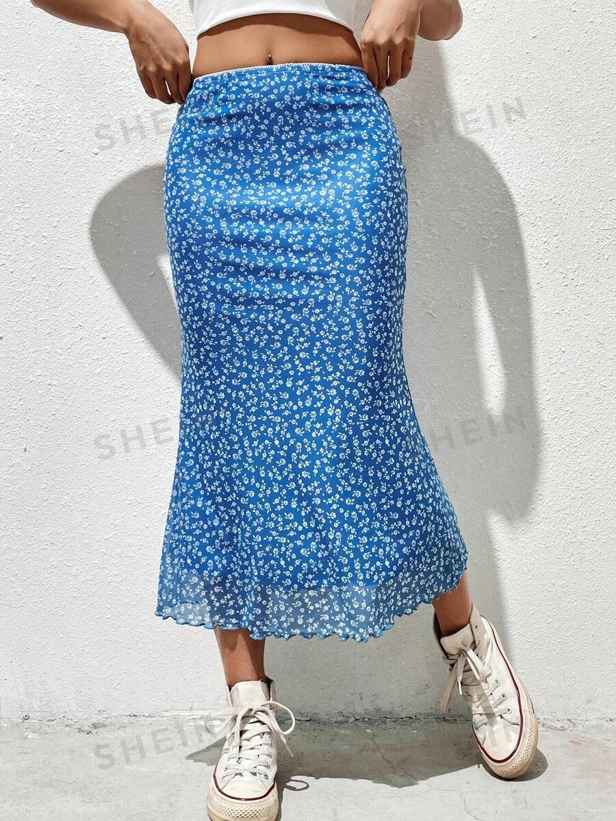 Shein Ezwear Ditsy Floral Print Lettuce Trim Skirt Shein Usa