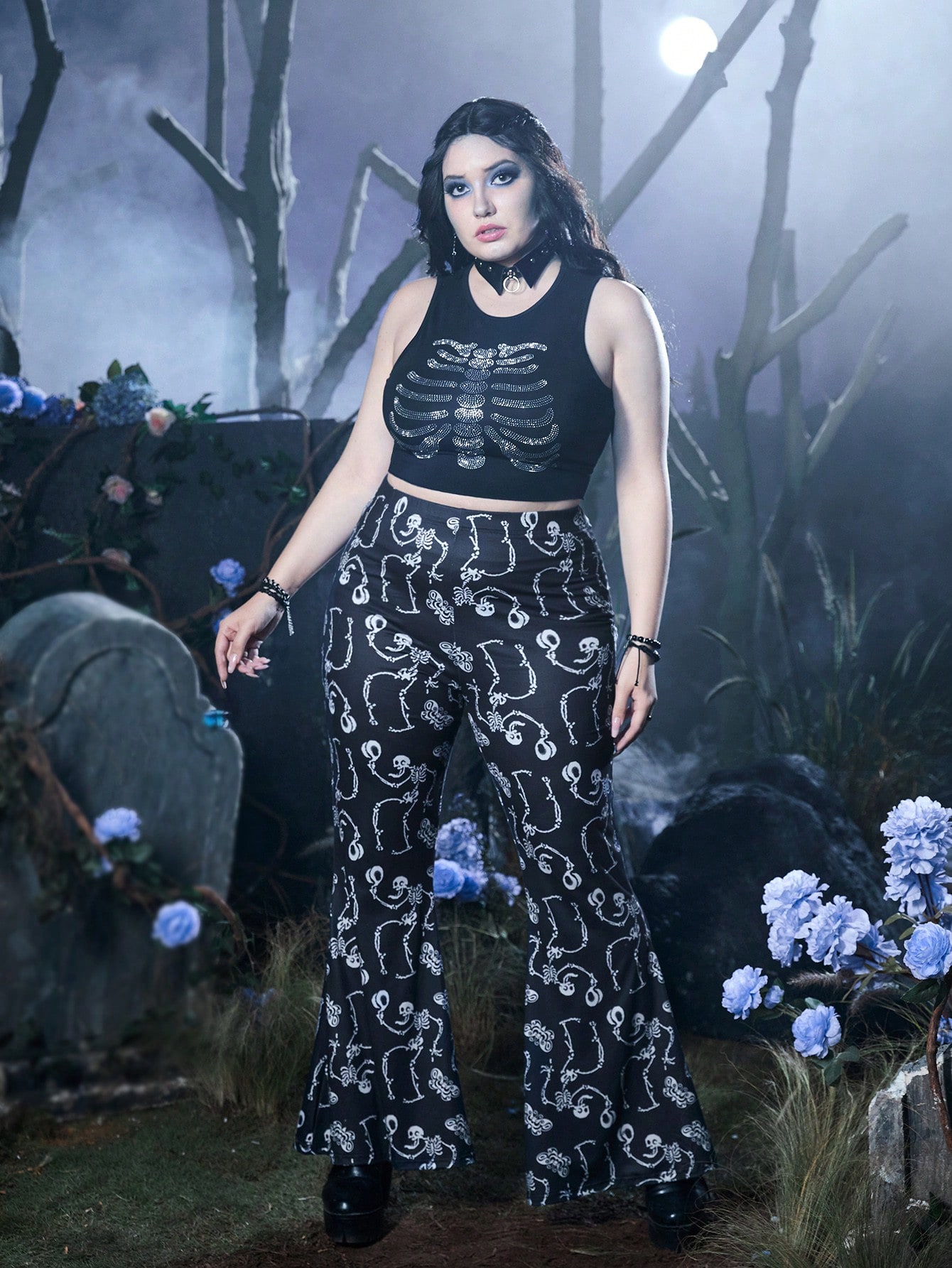 Corpse Bride | ROMWE Plus Skull Print Flare Leg Pants | SHEIN USA